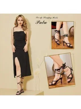 Shoes | Womens Black Tie Up Stiletto Heels Square Open Toe Sandals For ...